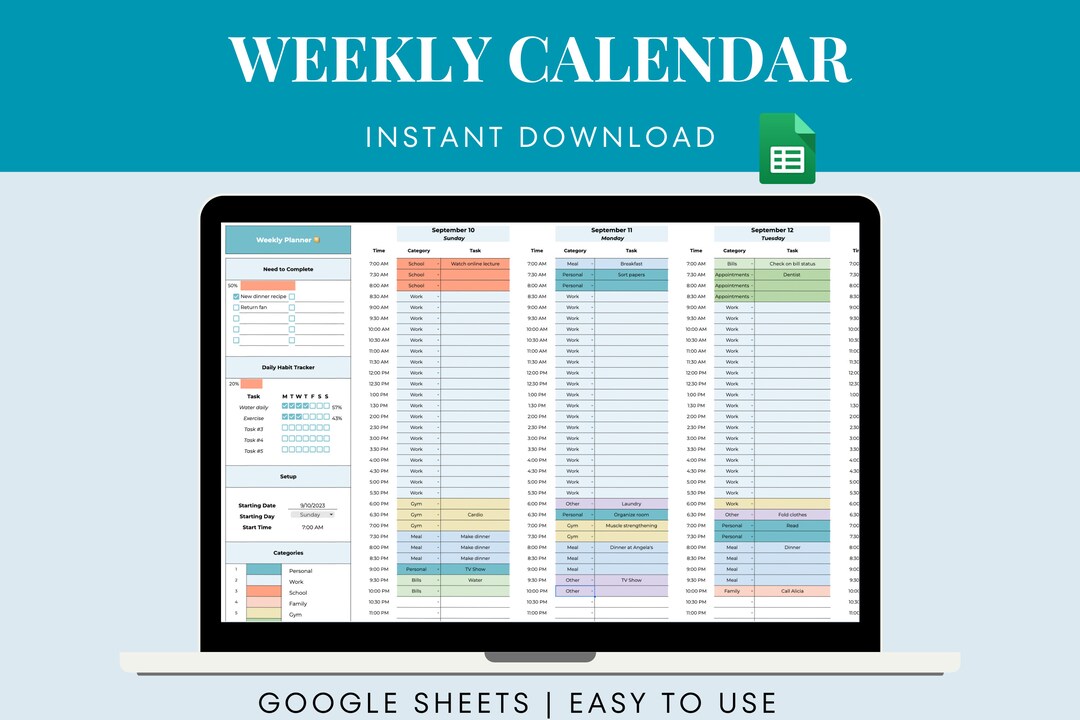 Digital Weekly Planner | Digital Planner | Google Sheets Template ...