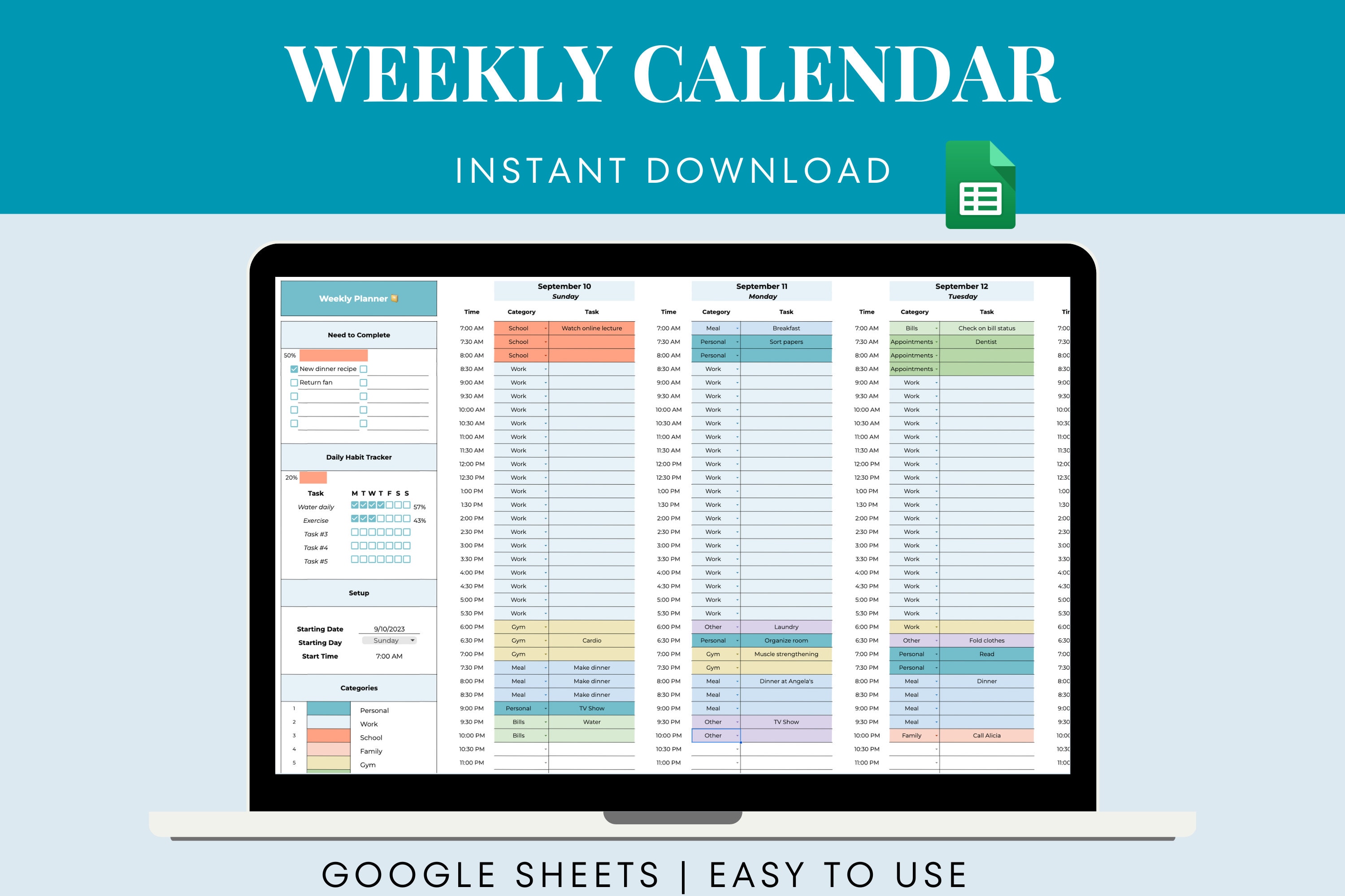 Digital Weekly Planner | Digital Planner | Google Sheets Template ...
