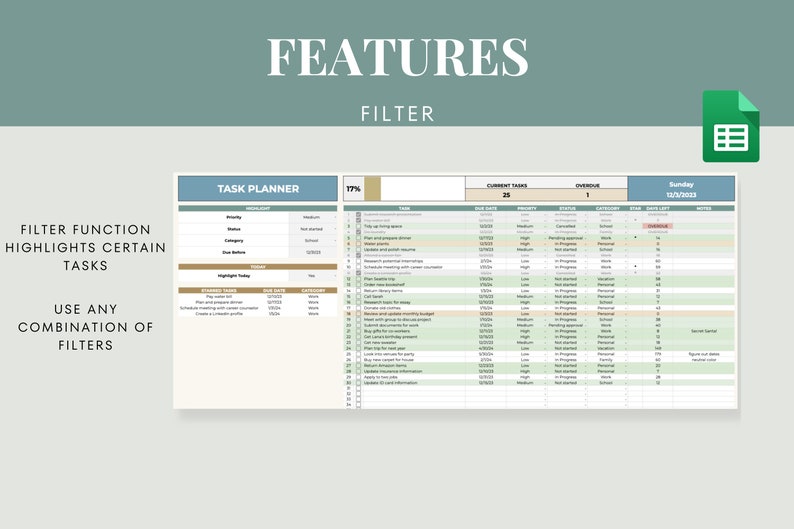Task Planner Google Sheets | Digital Planner Template | Digital Smart ...