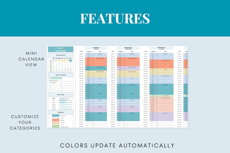 Monthly and Weekly Planner Spreadsheet, Digital Planner, Google Sheets ...