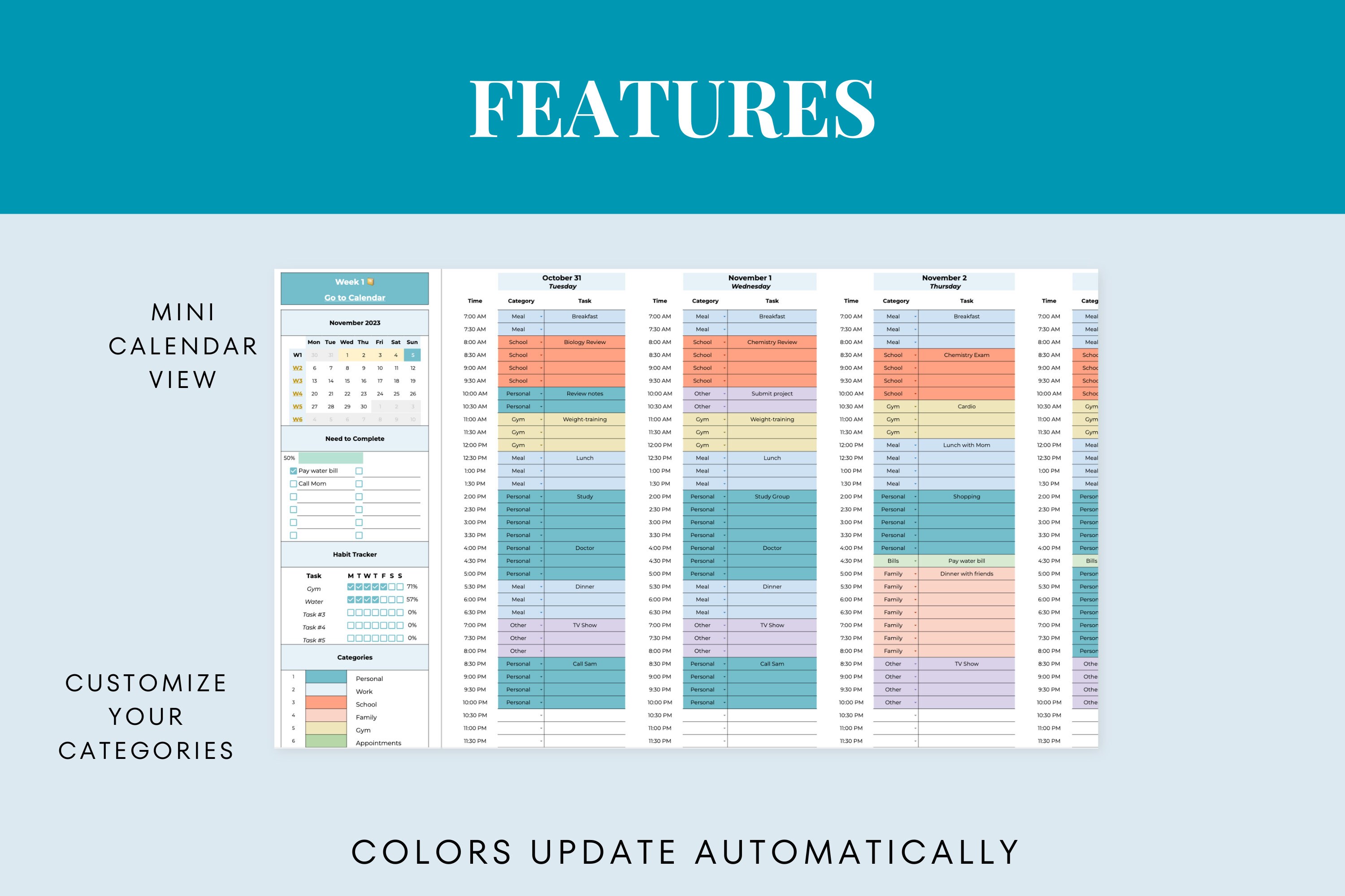 Monthly and Weekly Planner Spreadsheet, Digital Planner, Google Sheets ...