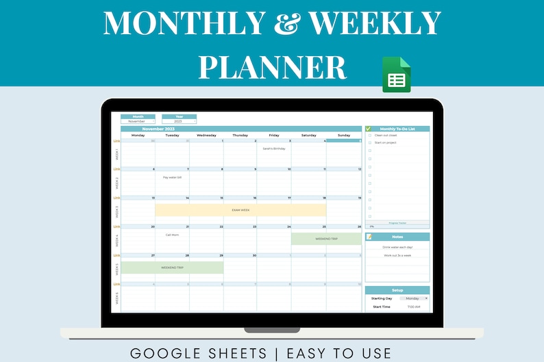 Monthly and Weekly Planner Spreadsheet, Digital Planner, Google Sheets ...