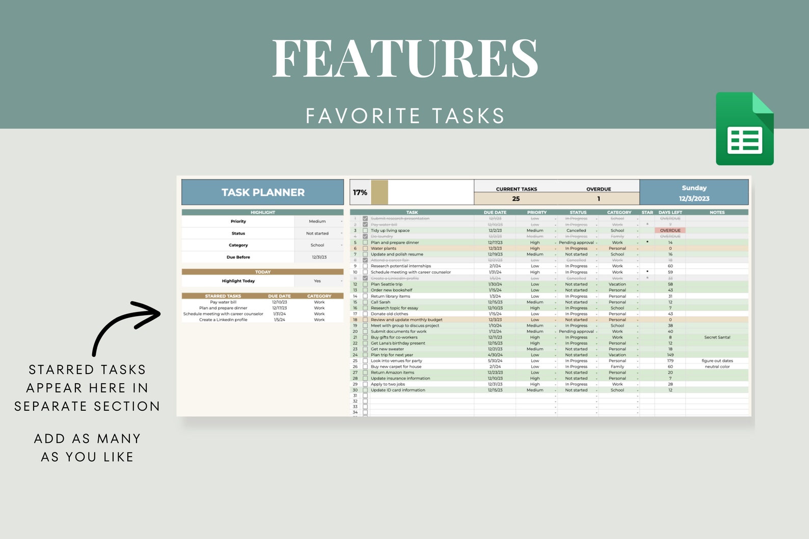 Task Planner Google Sheets | Digital Planner Template | Digital Smart ...