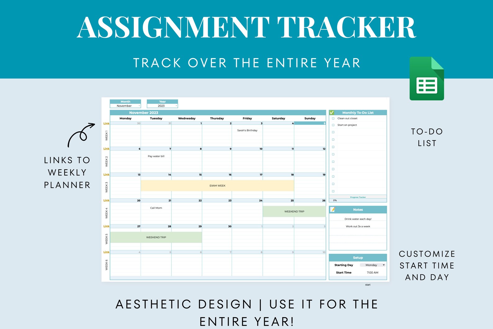 Monthly and Weekly Planner Spreadsheet, Digital Planner, Google Sheets ...