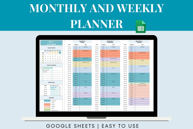 Monthly and Weekly Planner Spreadsheet, Digital Planner, Google Sheets ...