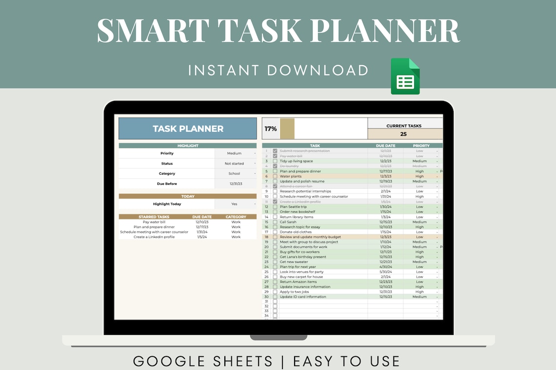 Task Planner Google Sheets | Digital Planner Template | Digital Smart ...