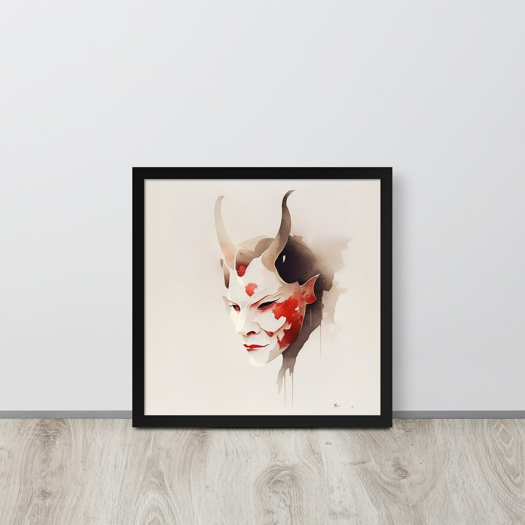 Japanese Hannya Mask Poster: Minimalist Watercolor Wall Art - Black and ...