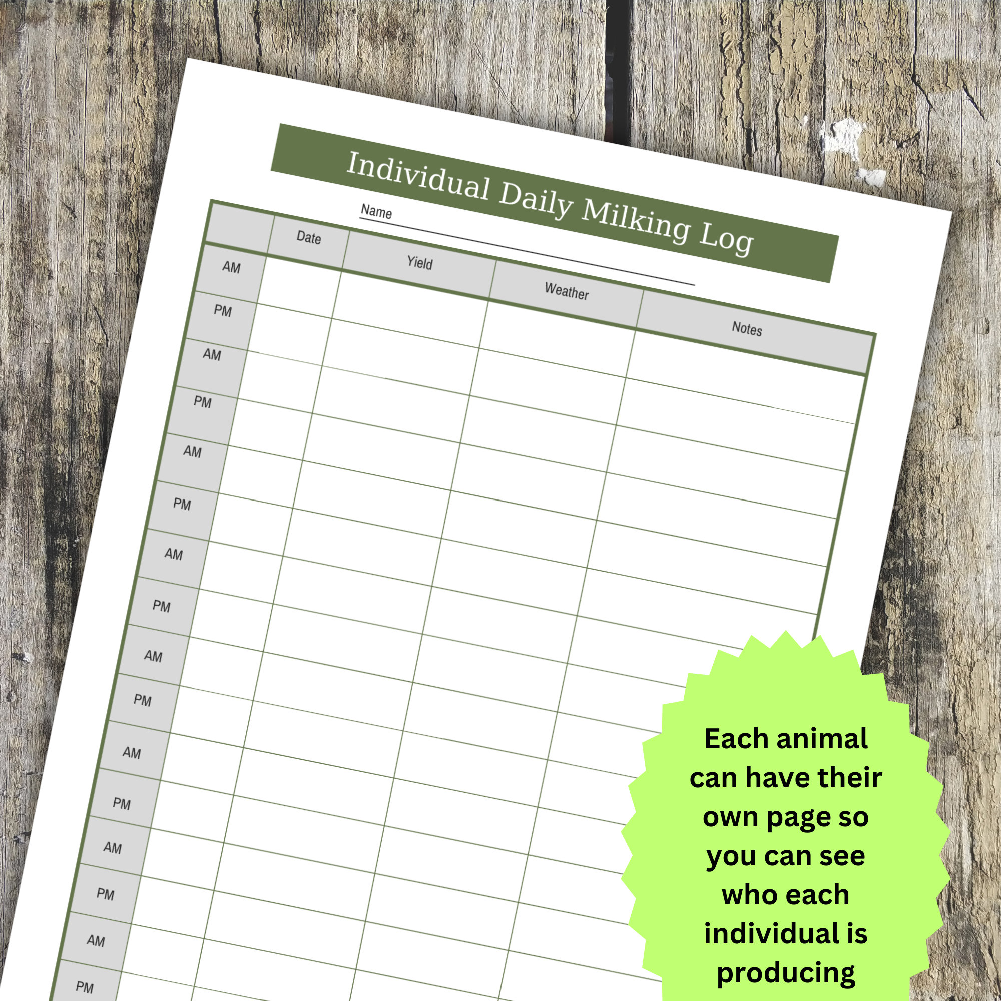 Individual Daily Milk Record, Milking Log, Dairy Printable ...