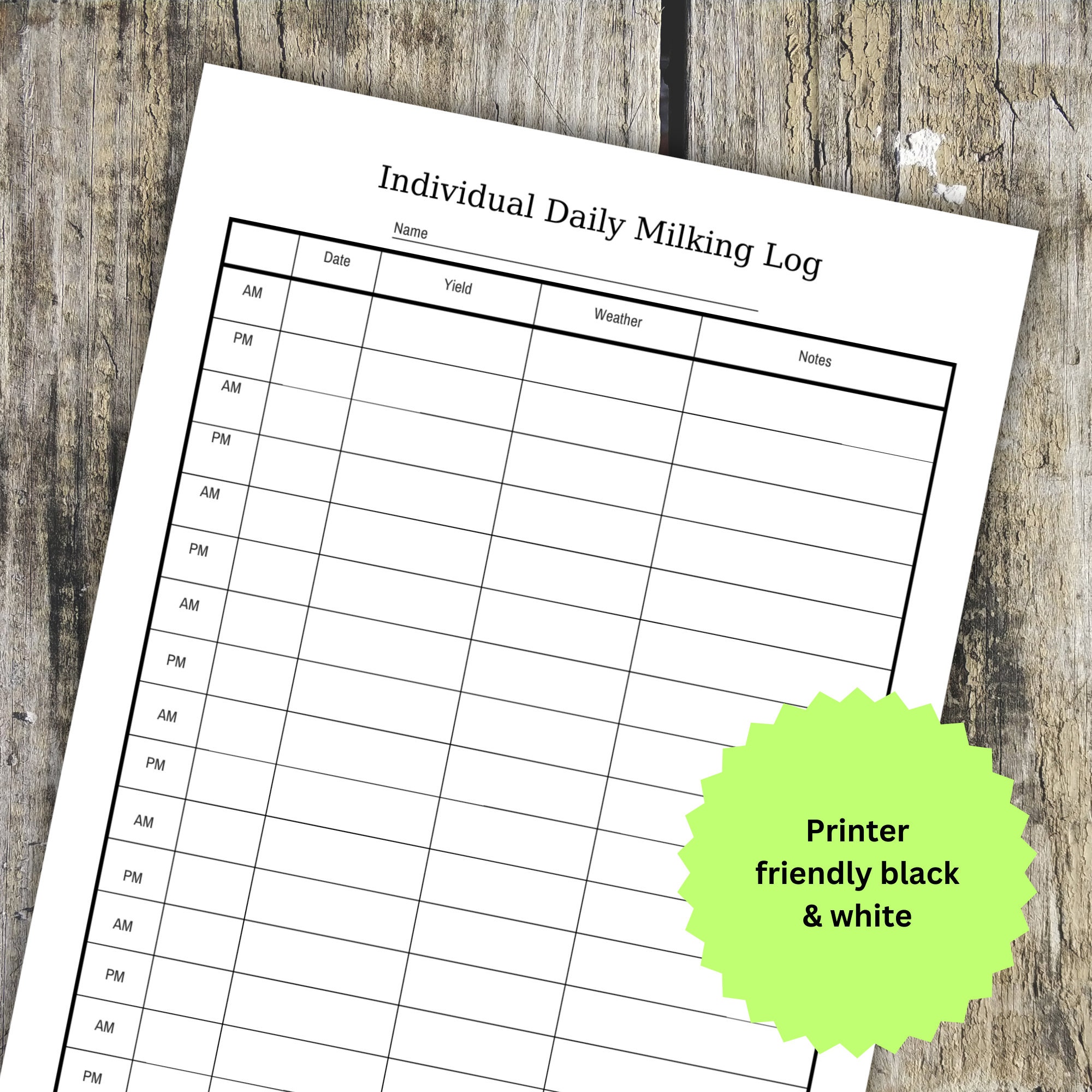 Individual Daily Milk Record, Milking Log, Dairy Printable ...