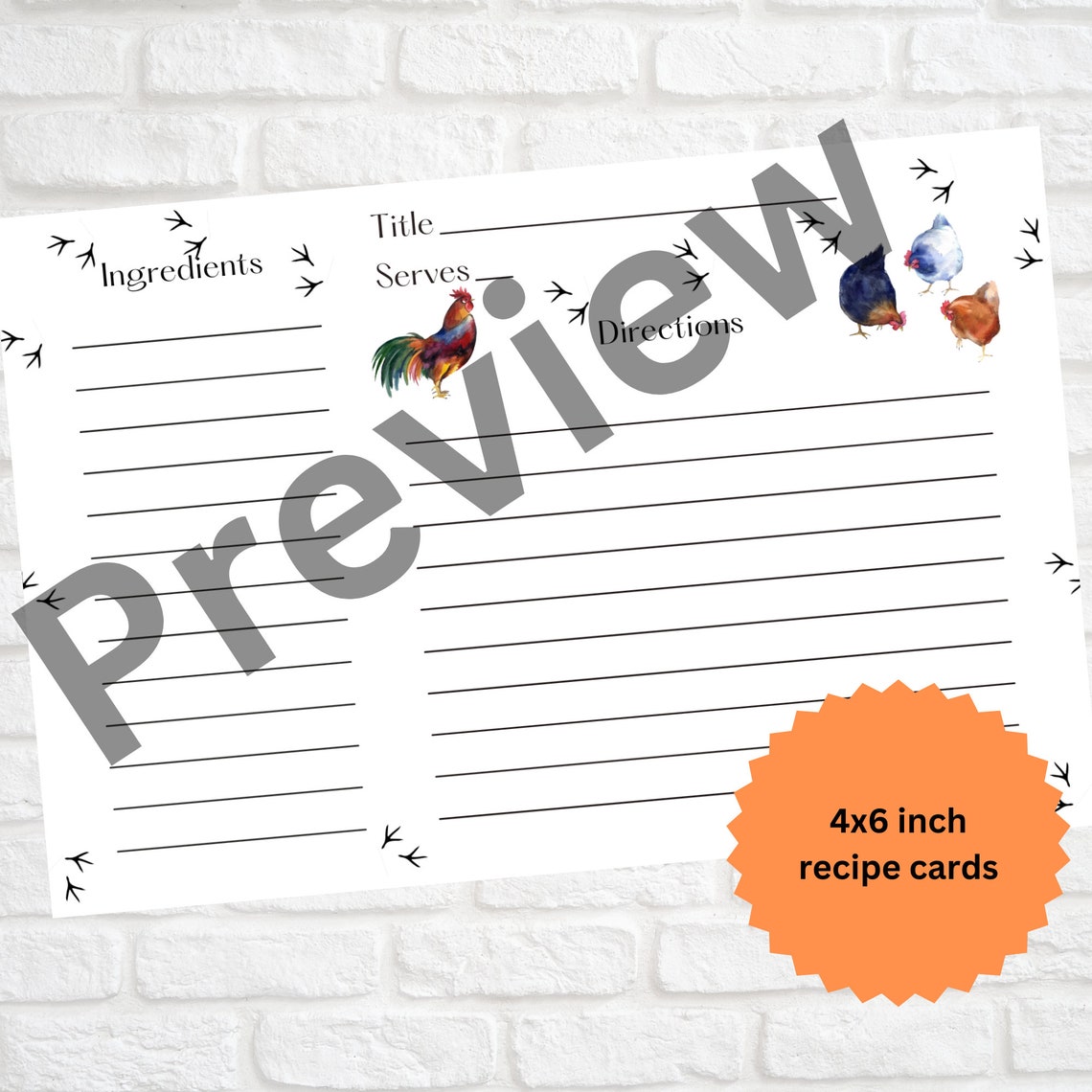 Chicken Recipe Card Printable, Chicken Lovers Recipe Cards, 4x6 Recipe ...