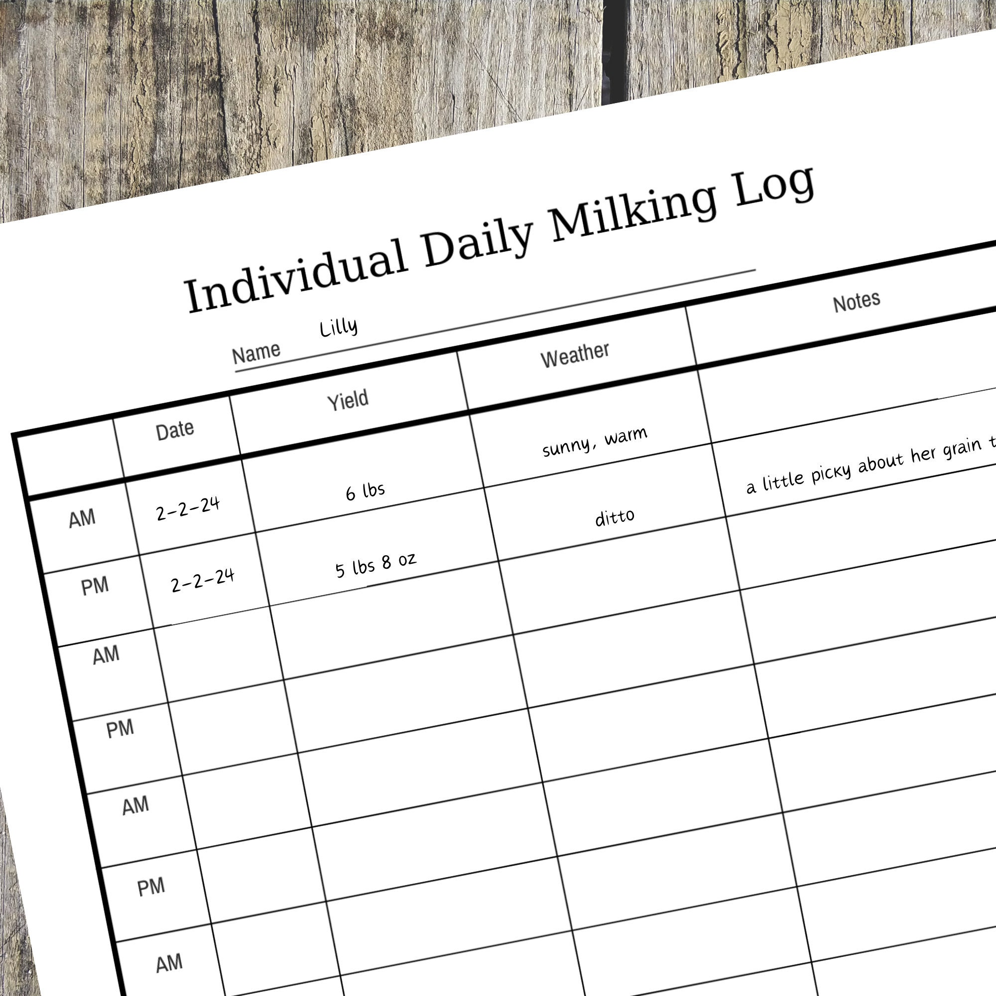 Individual Daily Milk Record, Milking Log, Dairy Printable ...