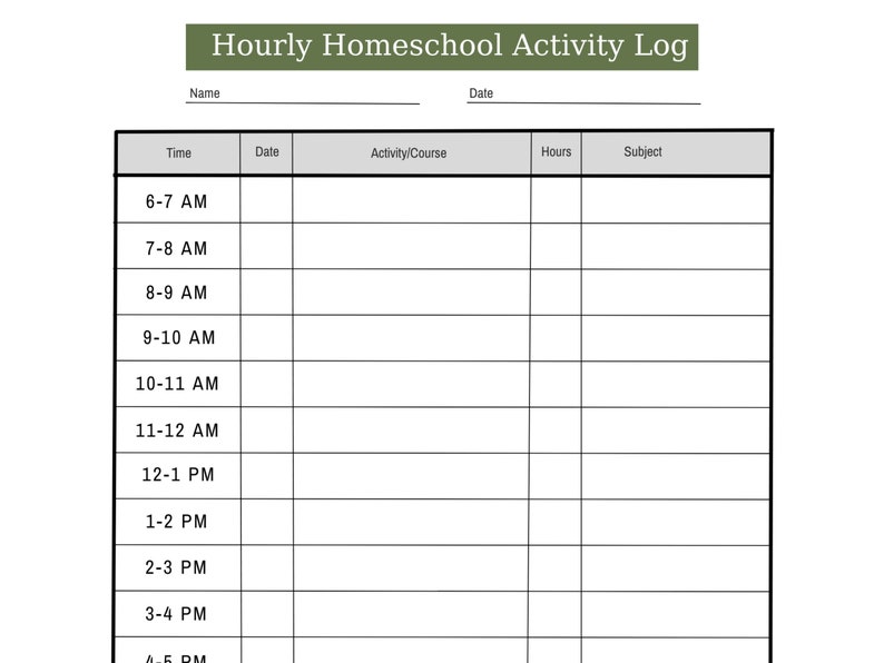 Hourly Homeschool Activity Log, Homeschooling Records, Homeschool ...