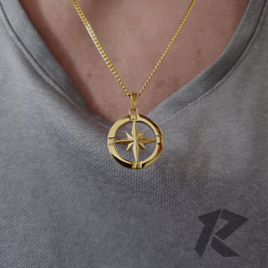 18K Gold North Star Compass Necklace, Mens Gold Compass Pendant, Gold ...