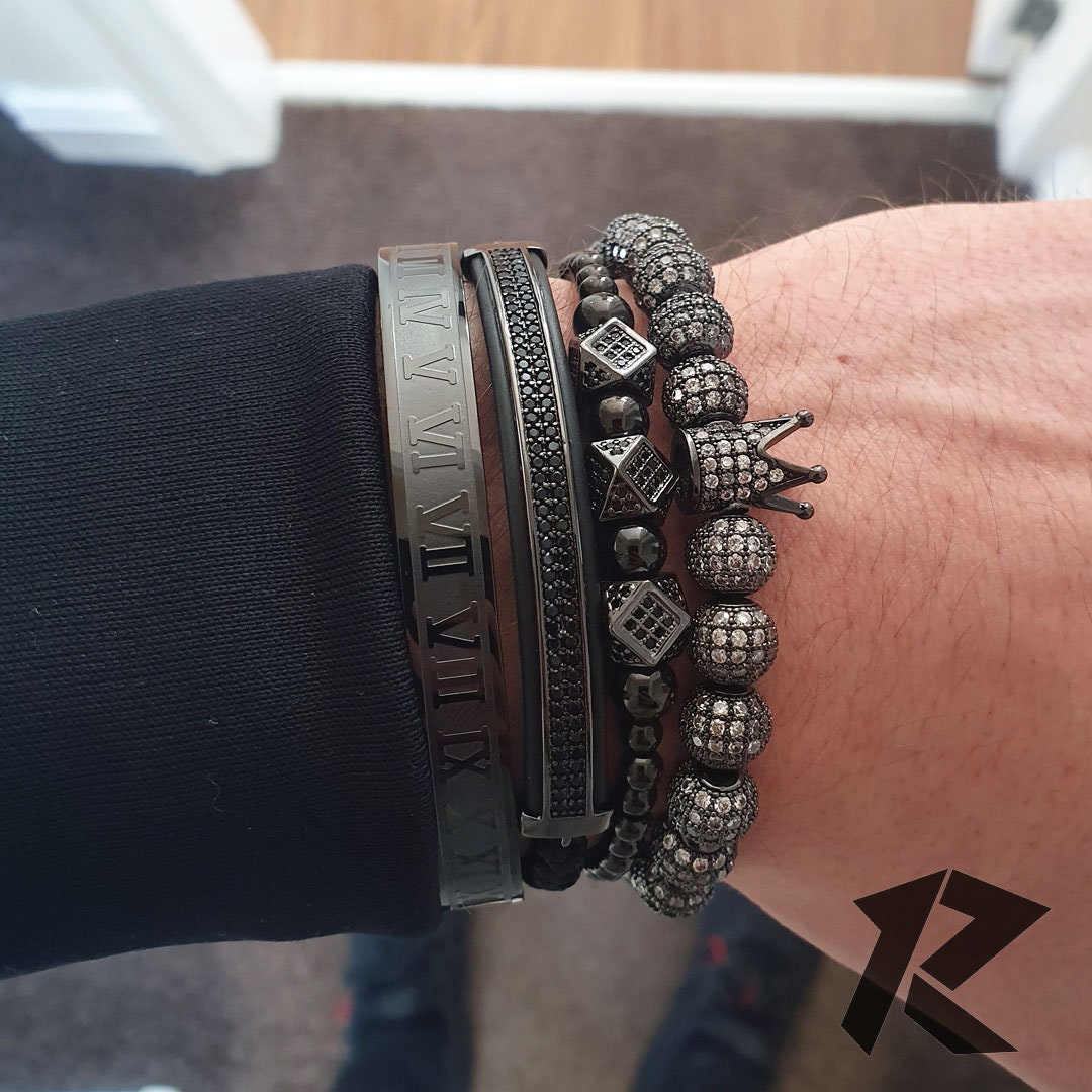 Mens Bracelet Black, Stainless Steel, Black Beaded Bracelet 4 Piece Set ...