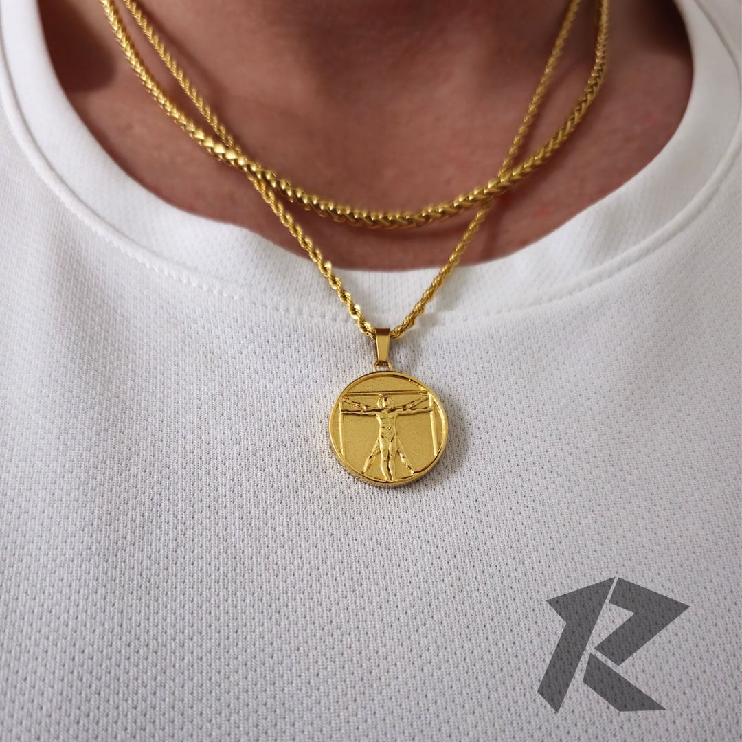 18k Gold Da Vinci Vitruvian Man Pendant Set, Mens Humankind Necklace ...