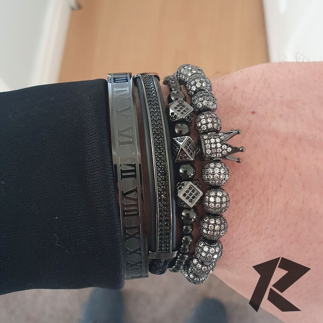 Mens Black Bracelet, Stainless Steel, Black Beaded Bracelet 4 Piece Set ...