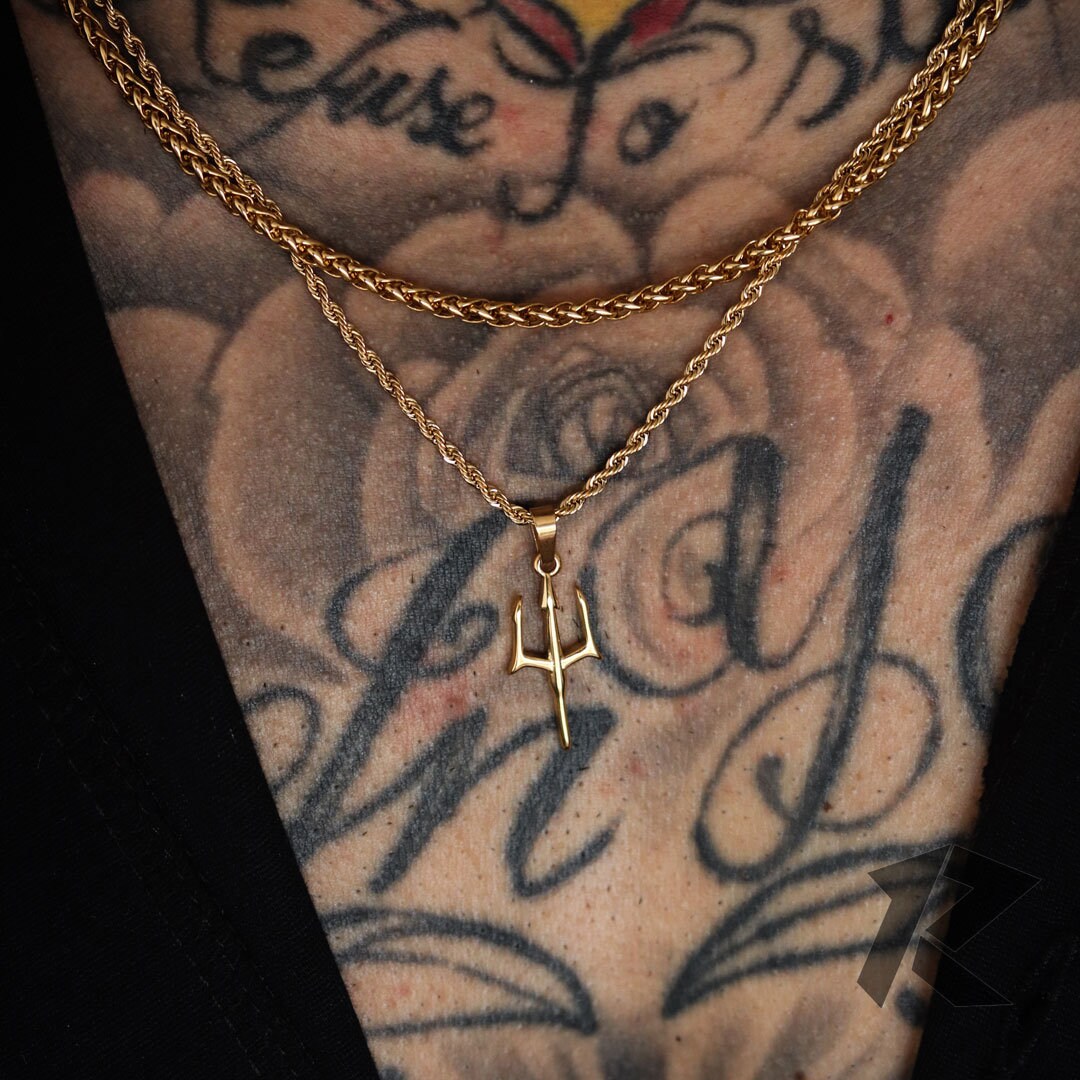 Poseidon Trident Spear 2pc Necklace Set. Man Pendant Chain Mens Trident ...