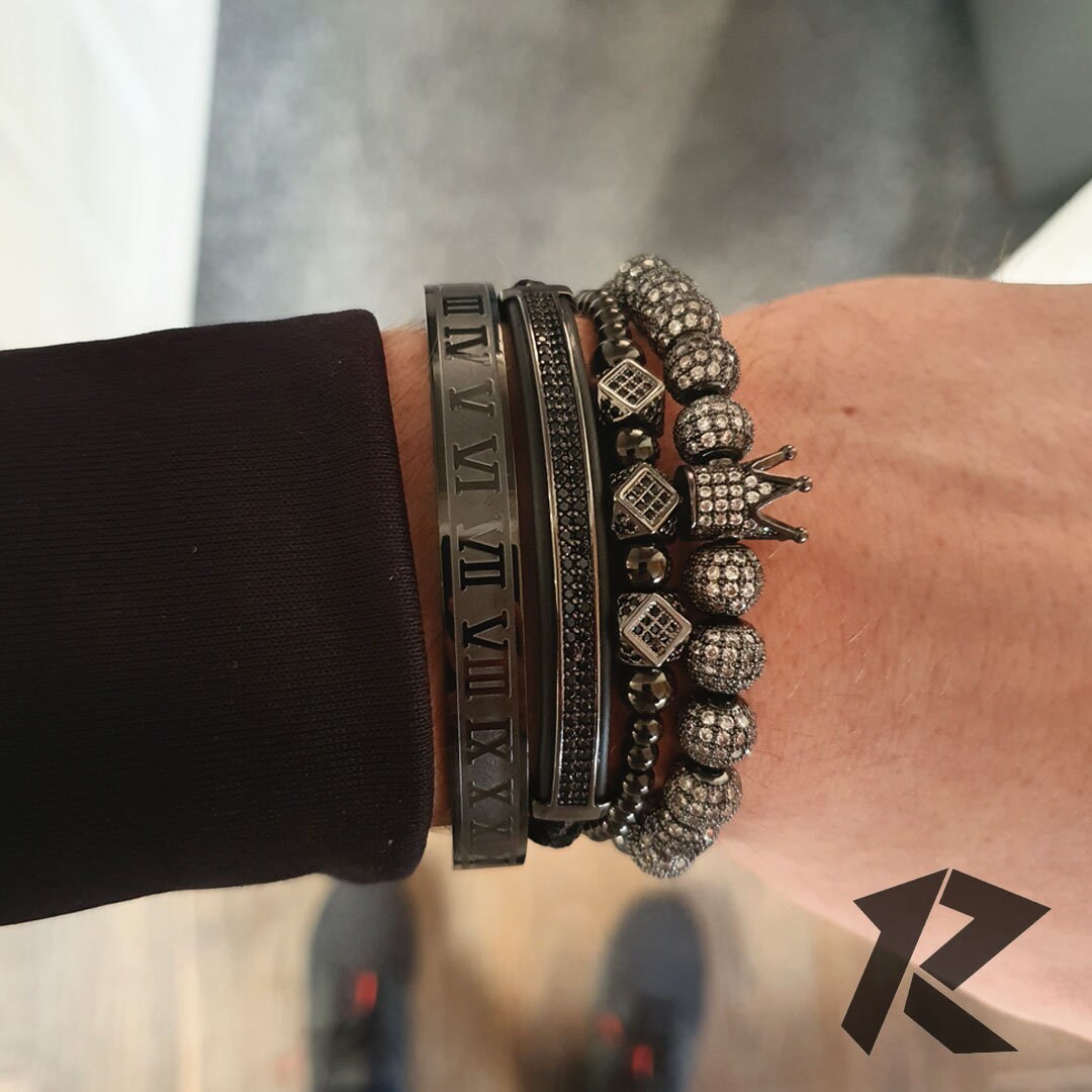 Mens Bracelet, Black Stainless Steel, Black Beaded Bracelet 4 Piece Set ...
