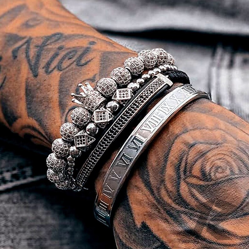 Mens Bracelet Black, Stainless Steel, Black Beaded Bracelet 4 Piece Set ...