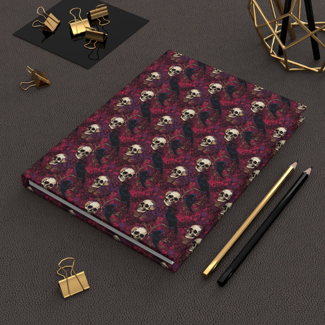Gothic Raven & Skull Notebook, Spell Book Hardcover Journal, Magenta ...