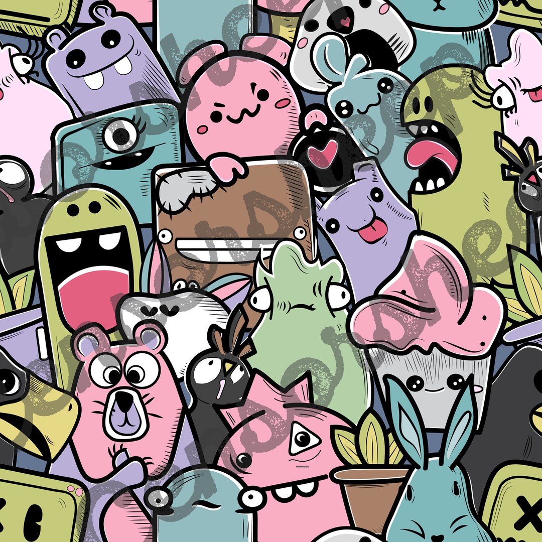 Grunge Cartoon Character Cute Kawaii Seamless Repeatable Pattern ...