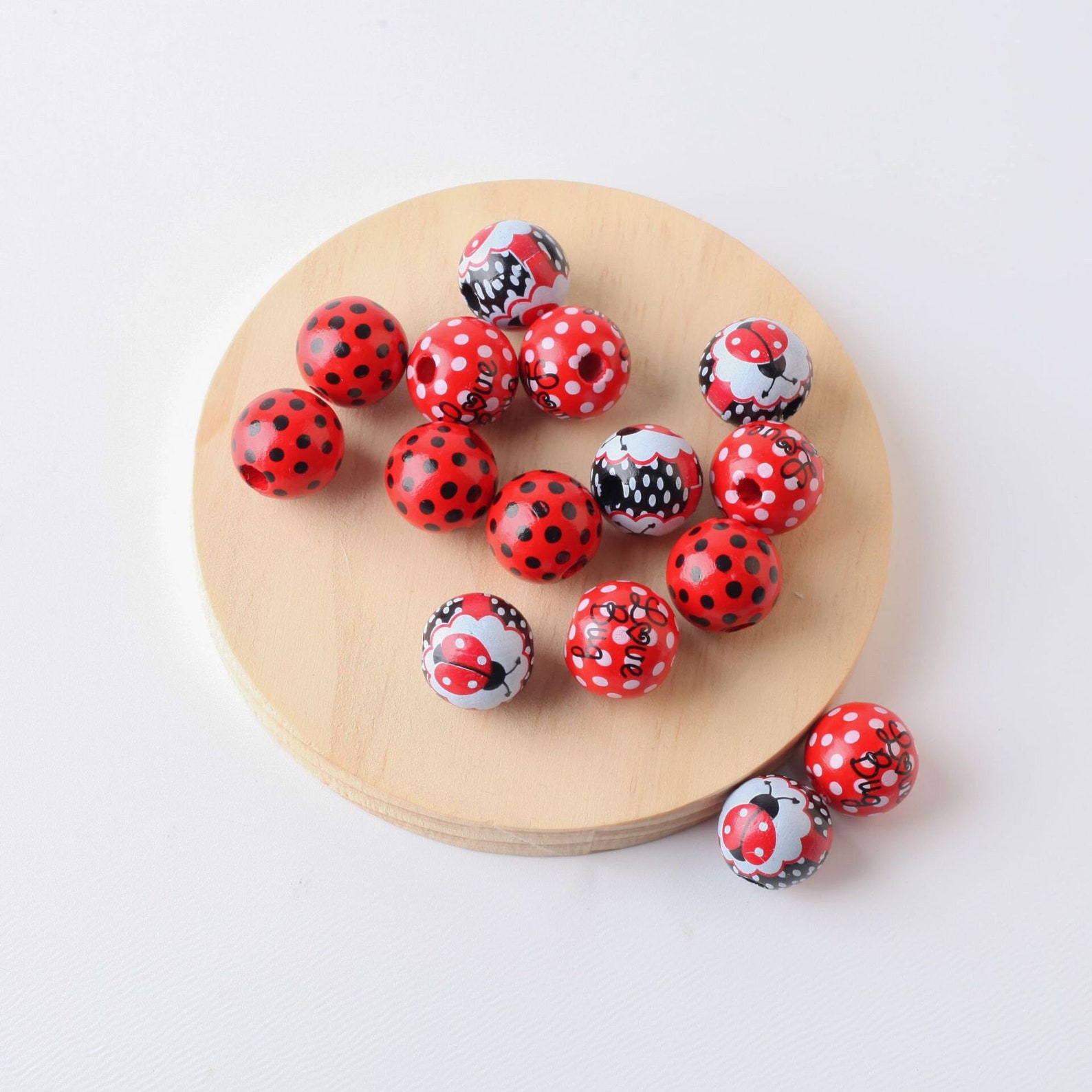 20pc 16mm Printed Wooden Beads Ladybug Themed for Jewelry Making, Round ...
