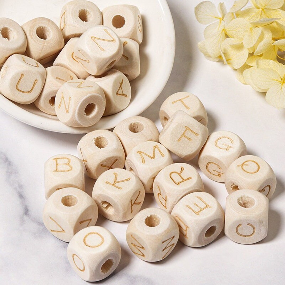 26pc 12mm Alphabet Wooden Letter Macrame Beads Original Wood Large Hole ...