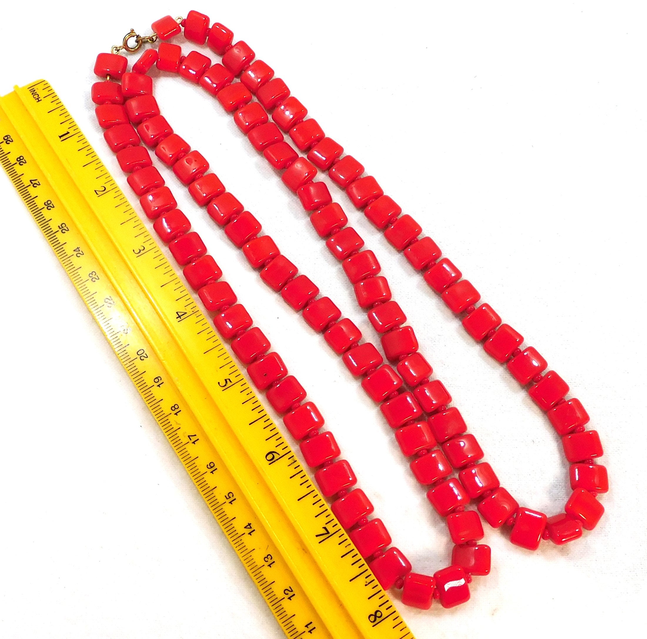 Vintage Necklace Long Bright Red Rectangular Glass Beaded Chain Small ...