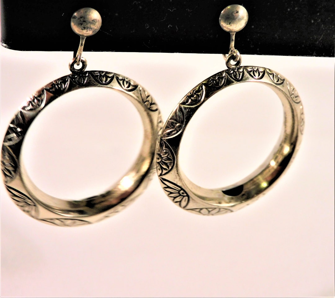 Sterling Silver Marked Hoop Earrings Stamped Pattern Hand Made Screw Backs Vintage 1.5" Diameter ...