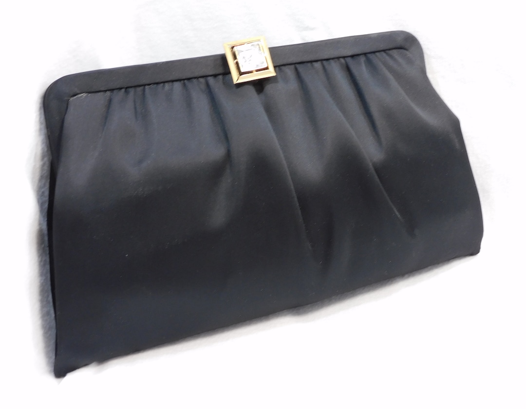 Clutch Black Fabric Gold Toned Metal Chain & Closure Rhinestone Accent ...