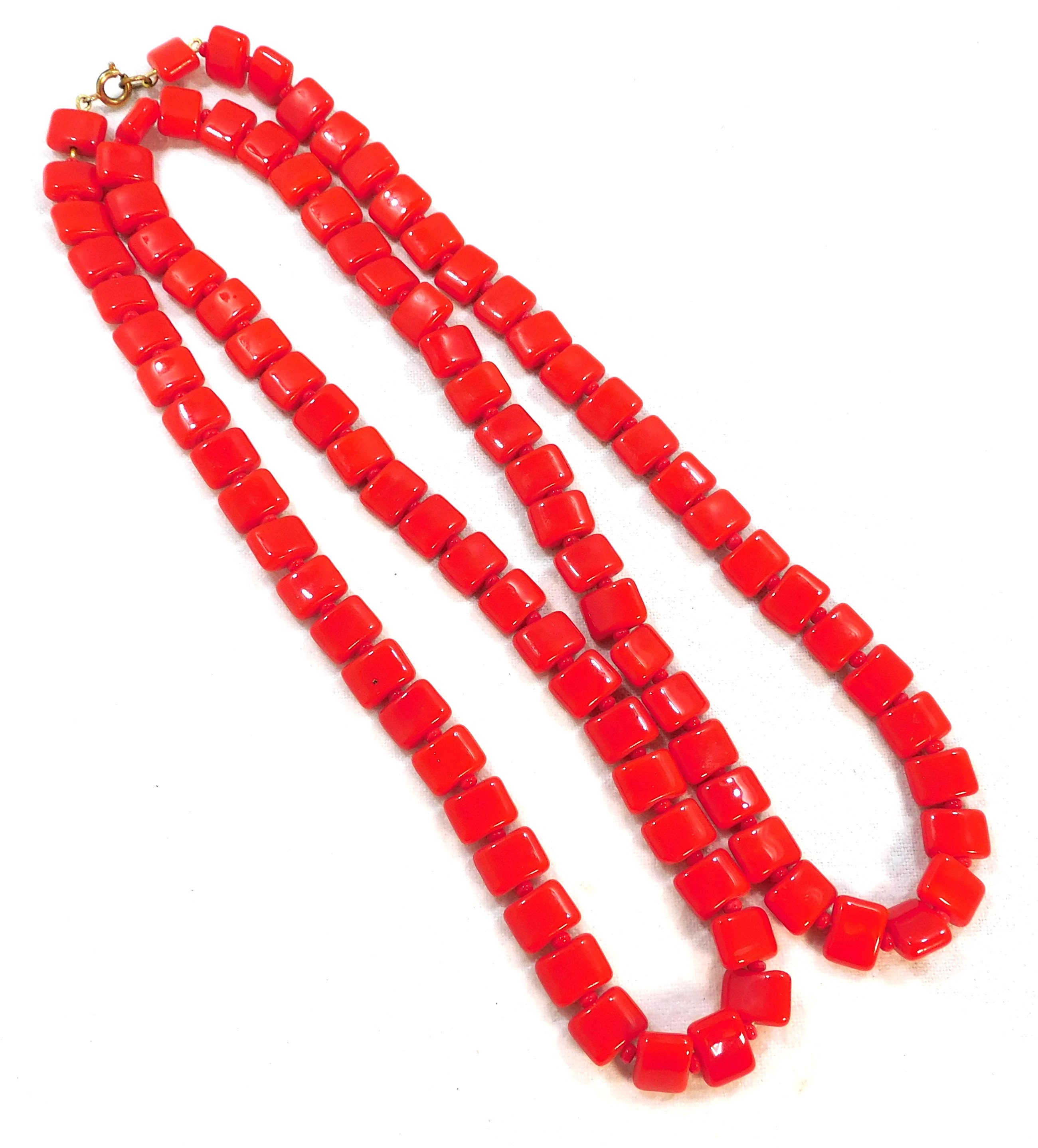 Vintage Necklace Long Bright Red Rectangular Glass Beaded Chain Small ...