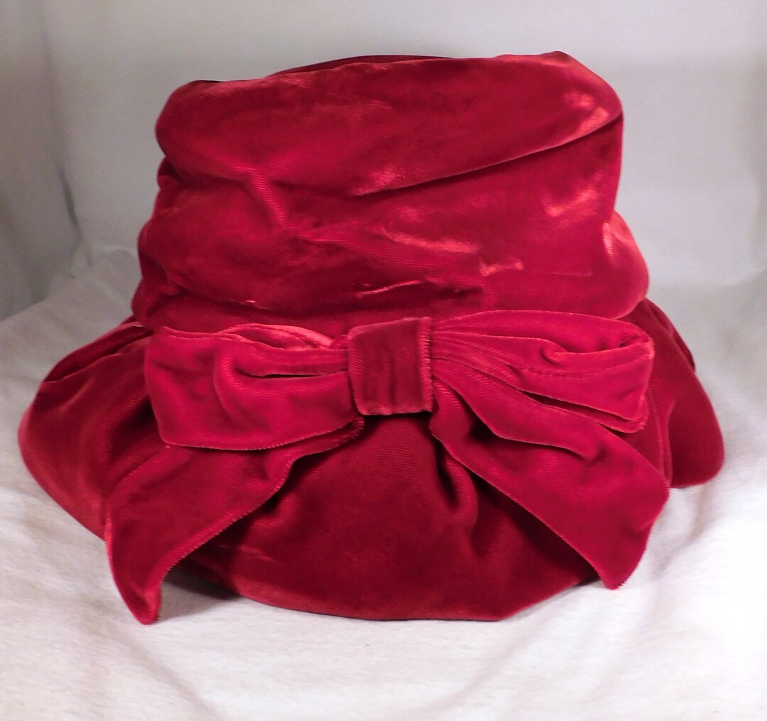 Red Velvet Ladies Hat Tall Bonnet Style Bow Front No Label - Etsy