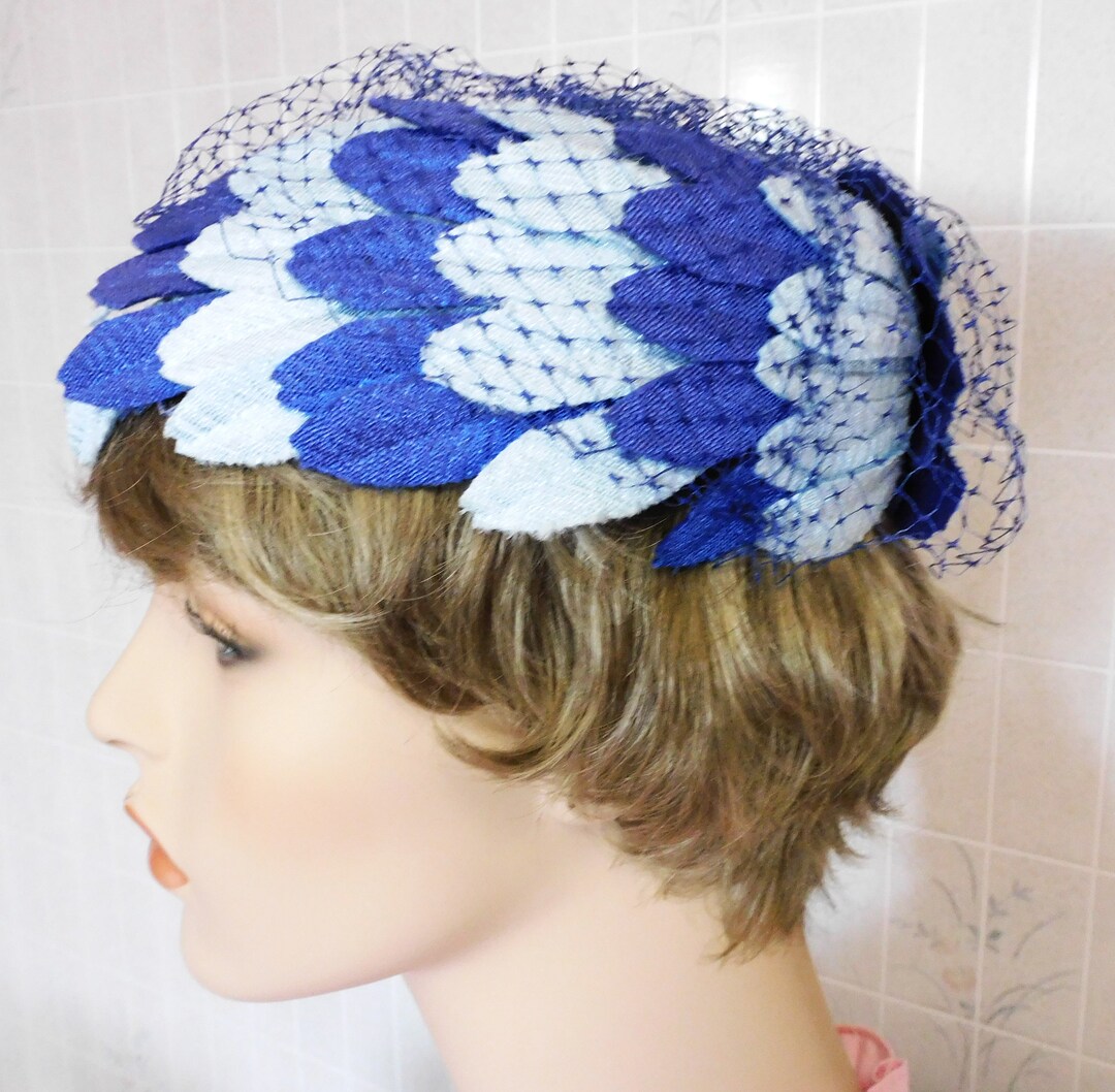 Vintage MCM Pill Box Style Hat Dark & Light Blue Fabric Feathered Sides ...