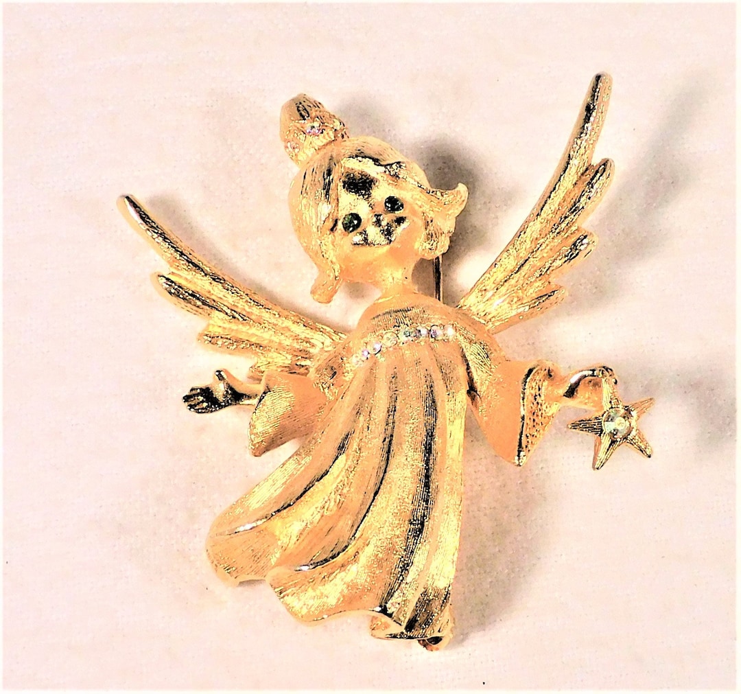 MCM Angel Brooch Pin Gold Toned Metal Rhinestone Eyes & Belt Heavy ...