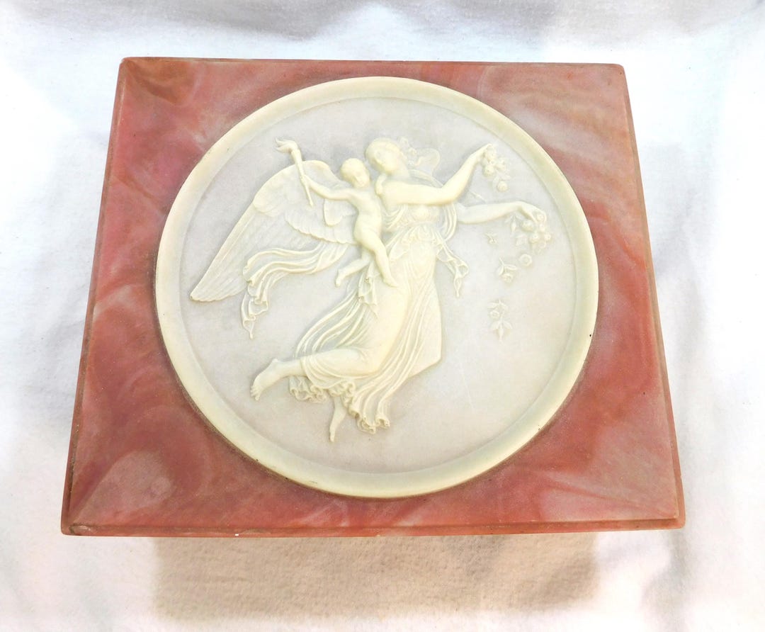 Vintage Incolay Stone Jewelry Box Pink Peach Colored Angel & Cupid ...