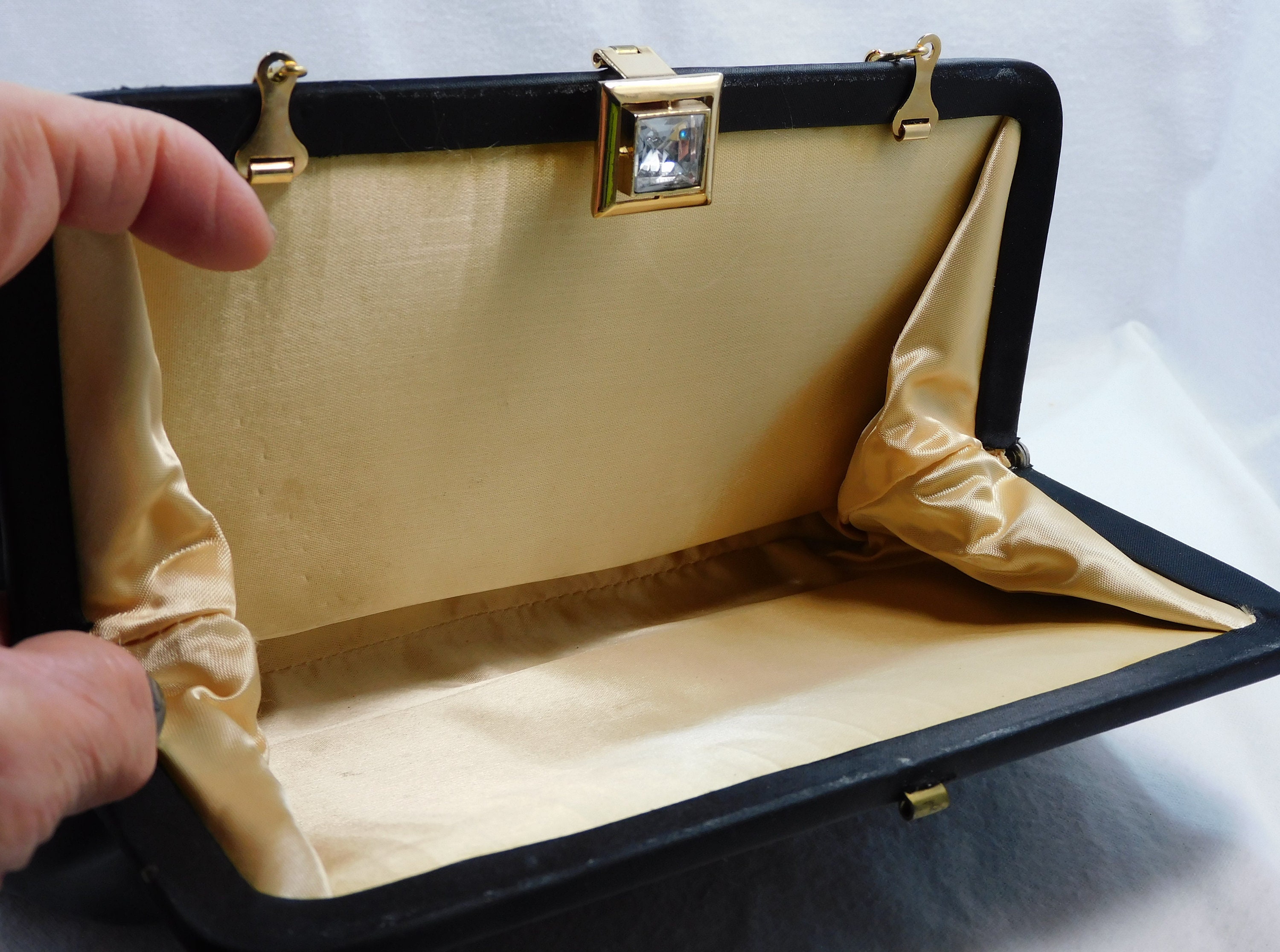 Clutch Black Fabric Gold Toned Metal Chain & Closure Rhinestone Accent ...