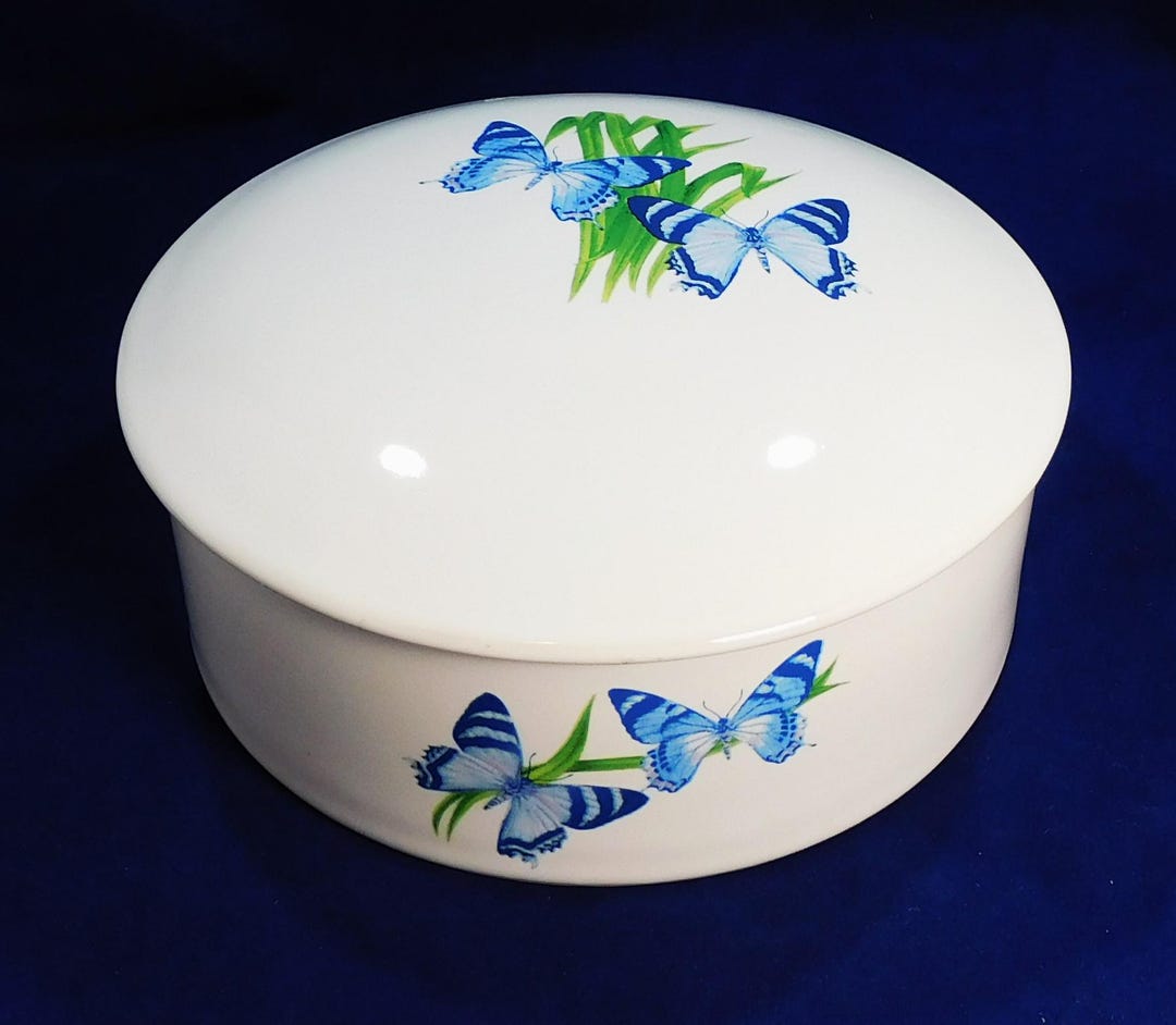 Vintage FTD Round Lidded Box White Porcelain Blue Butterfly Designs Lid ...