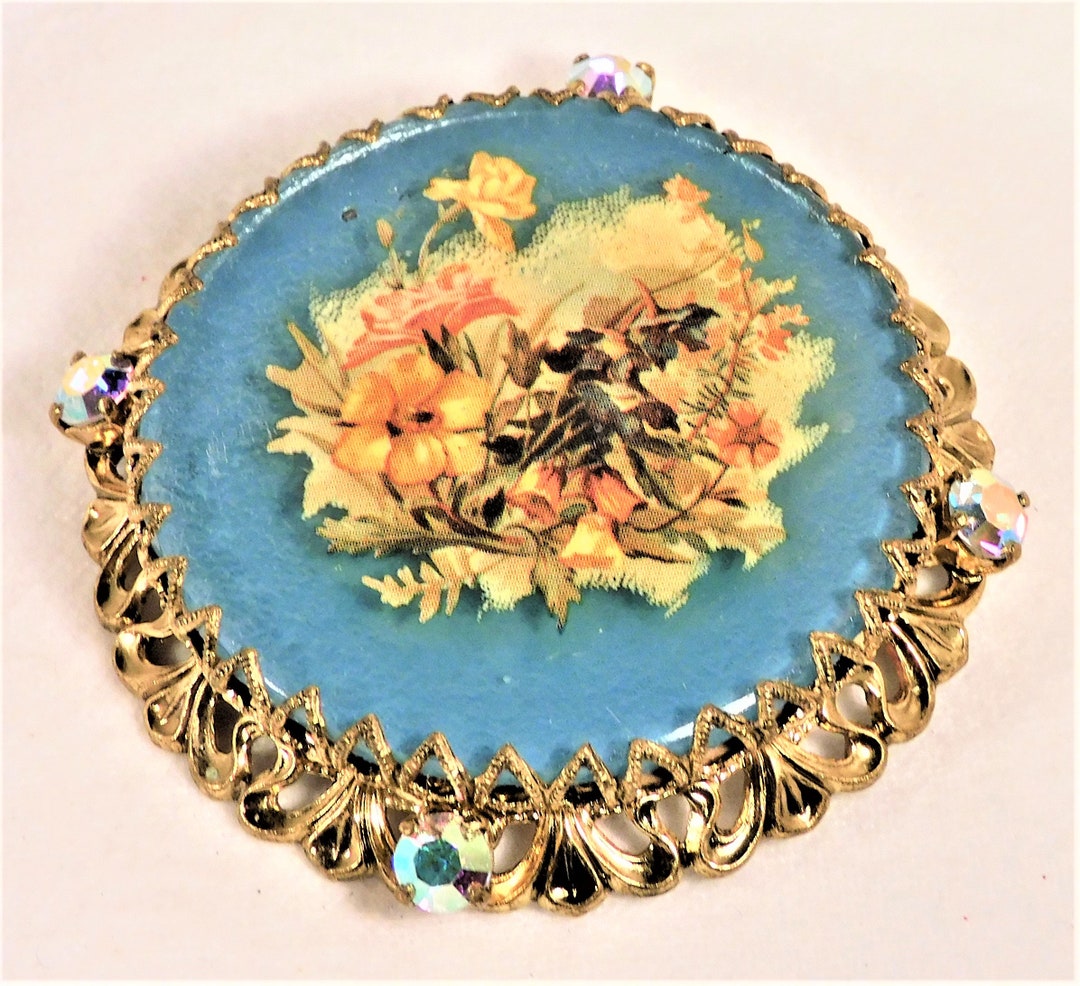 West German Brooch Pin Round Sugar Crystal Floral Design Blue ...