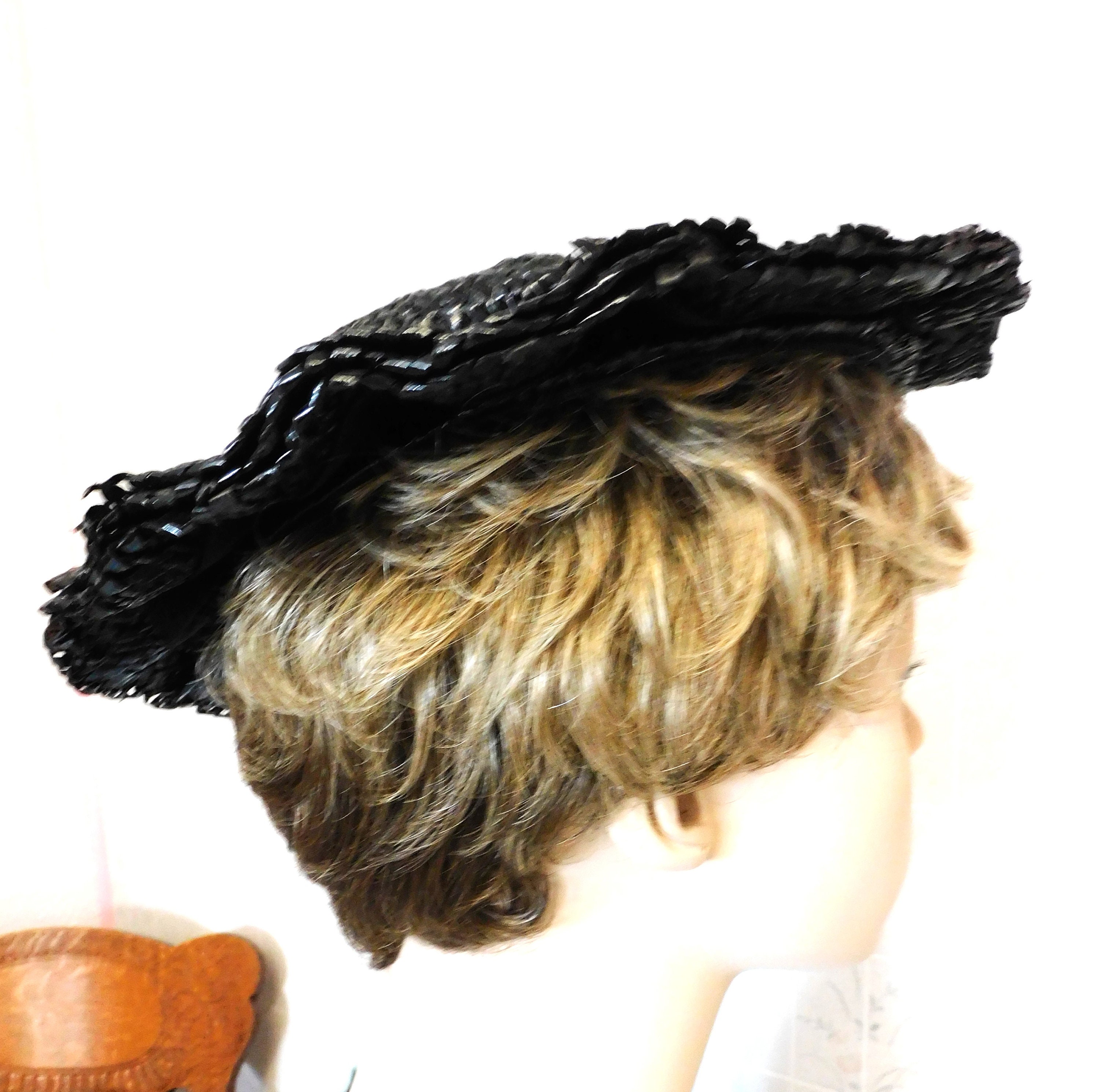 Black Ruffled Ladies Cartwheel Style Hat Neusteter Denver Label Woven ...