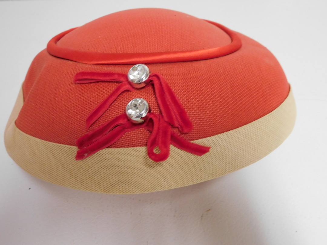 Vintage Ladies Hat Boater Style Red & Beige Sits on Head Side Clips ...