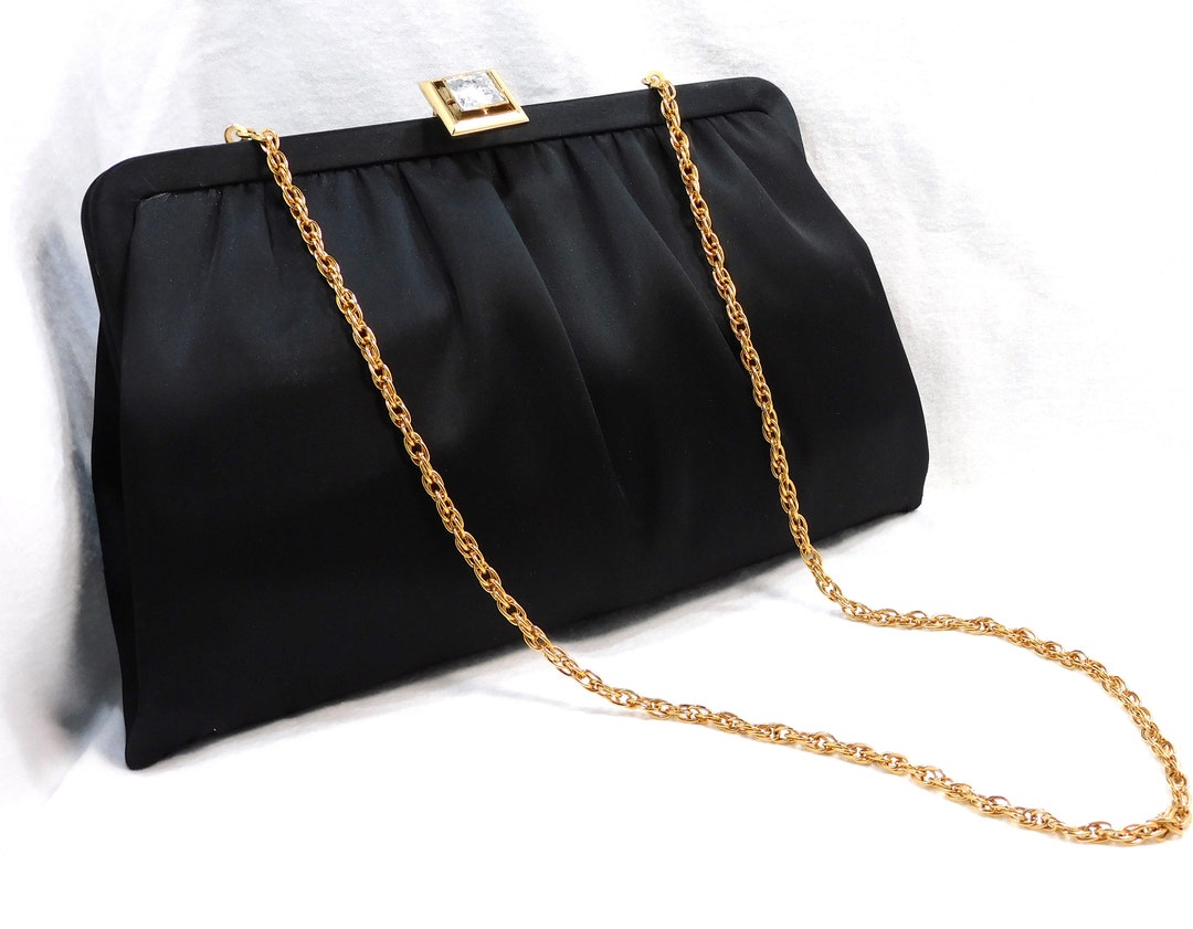 Clutch Black Fabric Gold Toned Metal Chain & Closure Rhinestone Accent ...