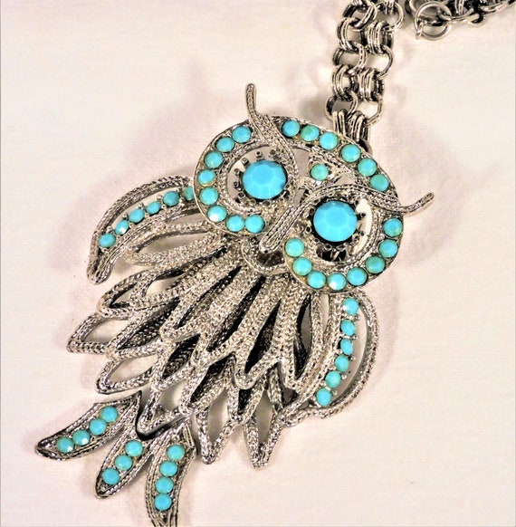 Vintage Articulated Owl Necklace: Faux Turquoise, Sil… - Gem
