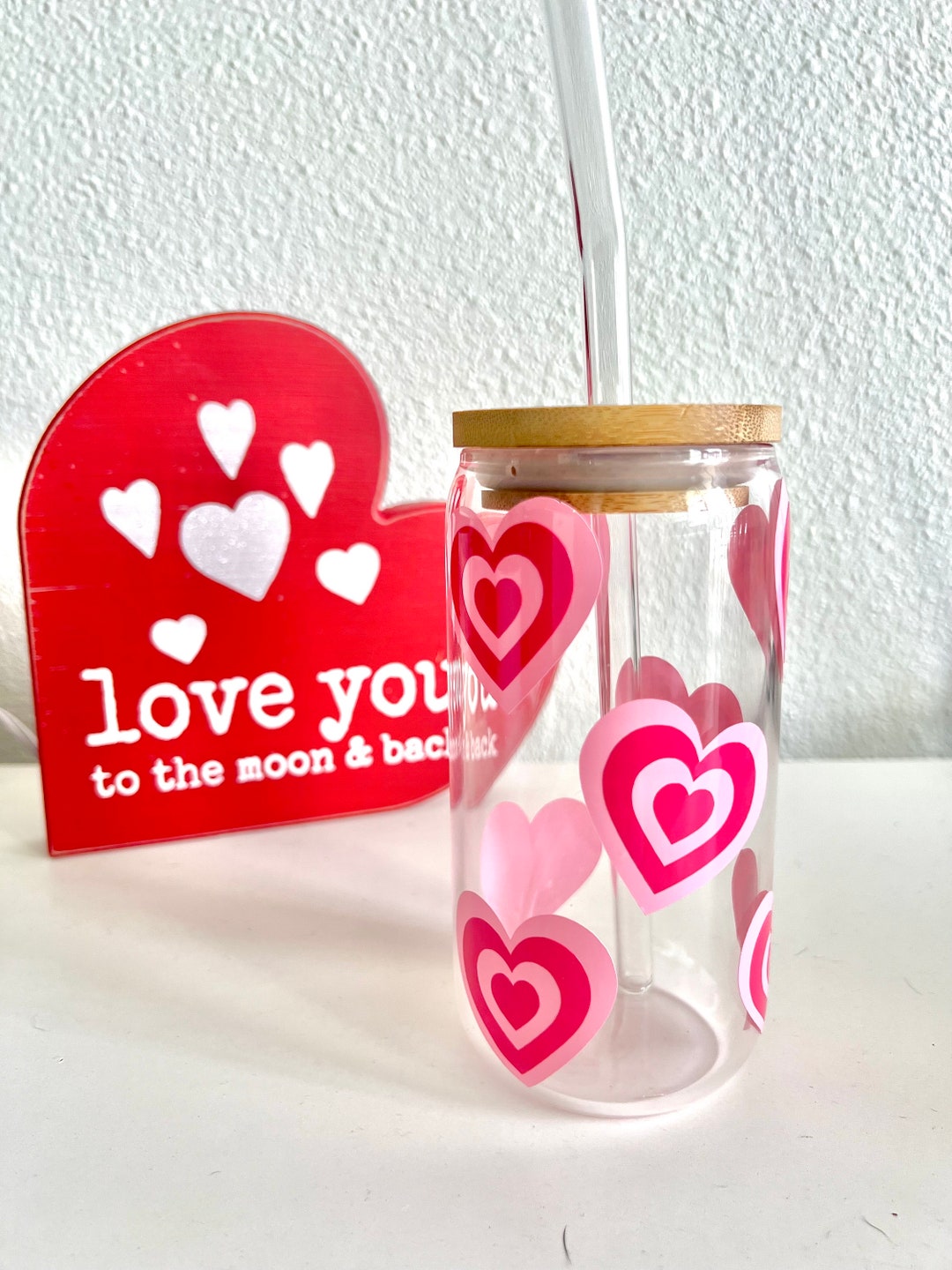 Retro Pink Hearts Glass Cup 16oz - Etsy