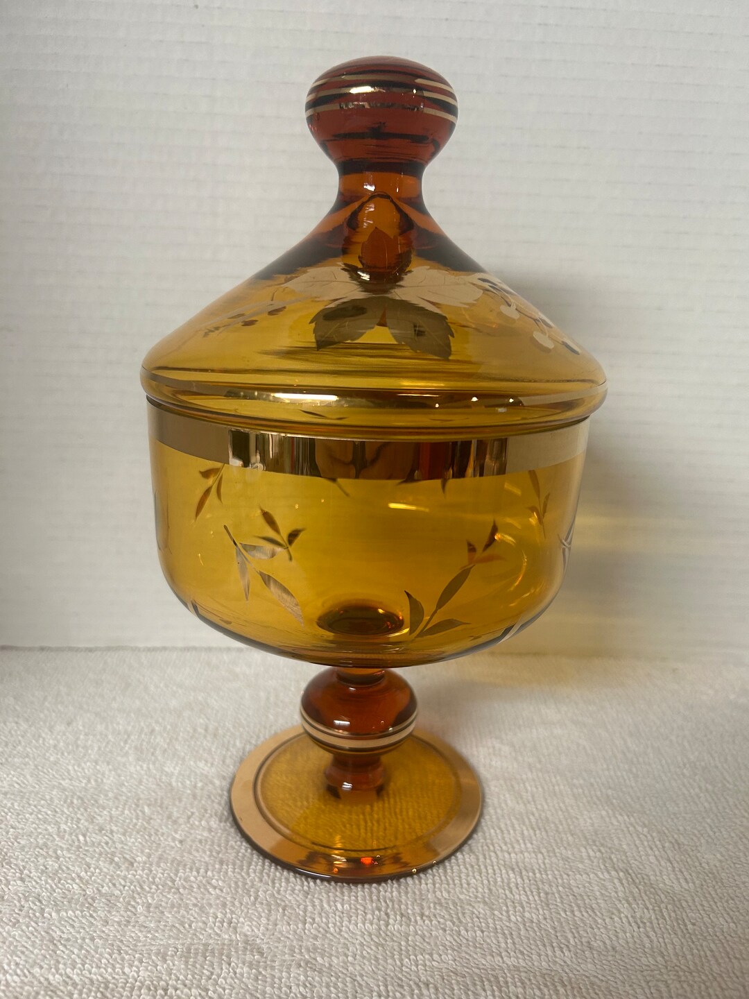 Vintage Romanian Amber Gold Leaf Wheat Trim Glass Pedestal Dish Lid 9 3 ...