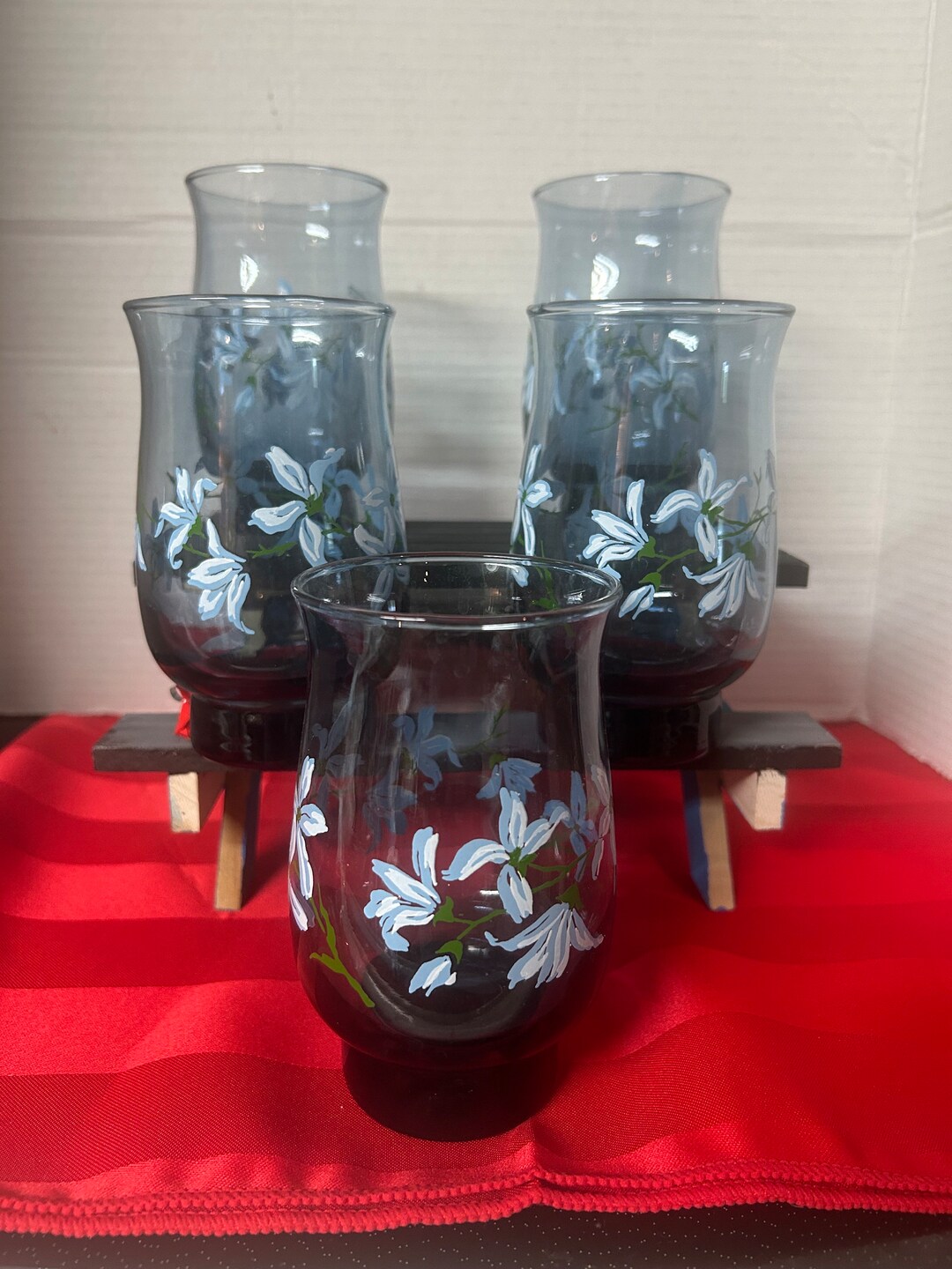 Vintage Libbey Blue Glasses With Painted Flowers/set of 5 Blue Libbey ...
