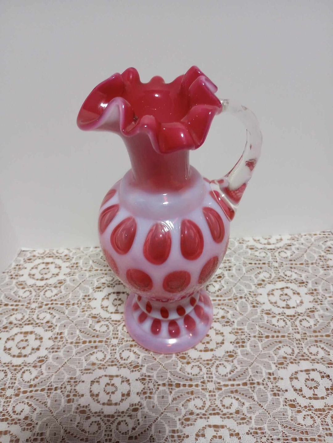 Vintage Fenton Coin Dot Cranberry Pink Glass Ruffled 8 3/4" Pitcher - Etsy