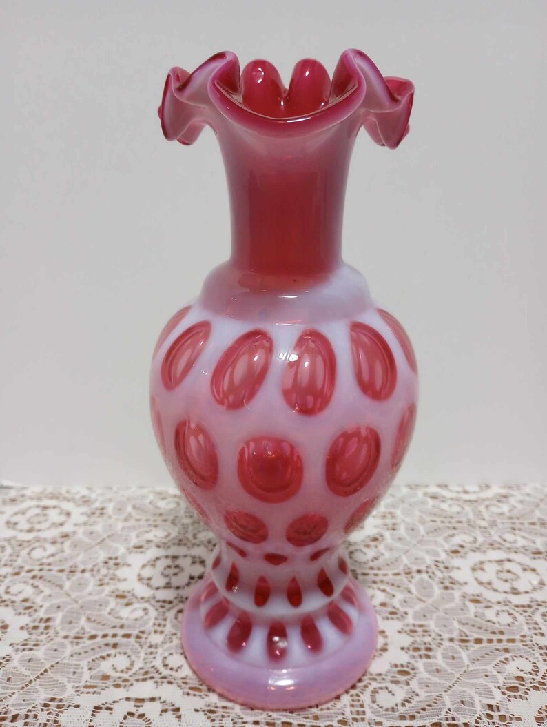 Vintage Fenton Coin Dot Cranberry Pink Glass Ruffled 8 - Etsy
