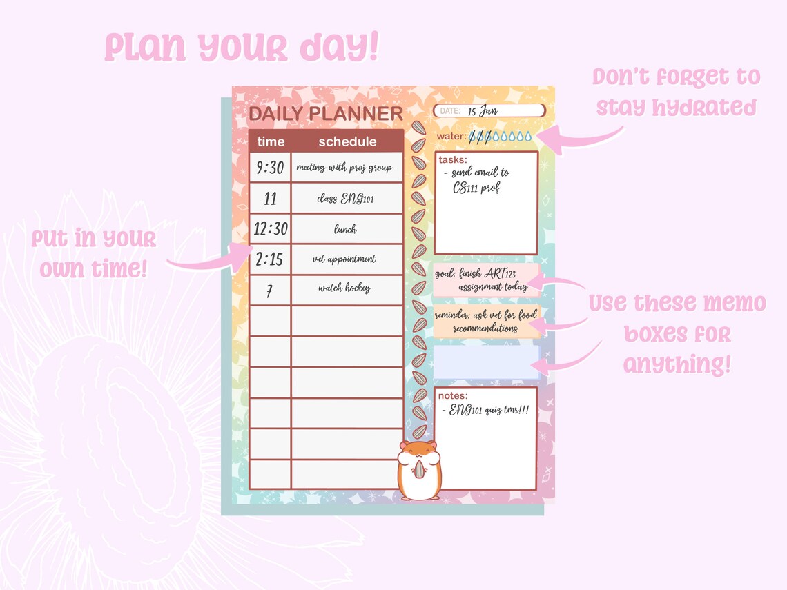 Cute Hamster Daily and Weekly Planner Printable Stationary | Letter ...