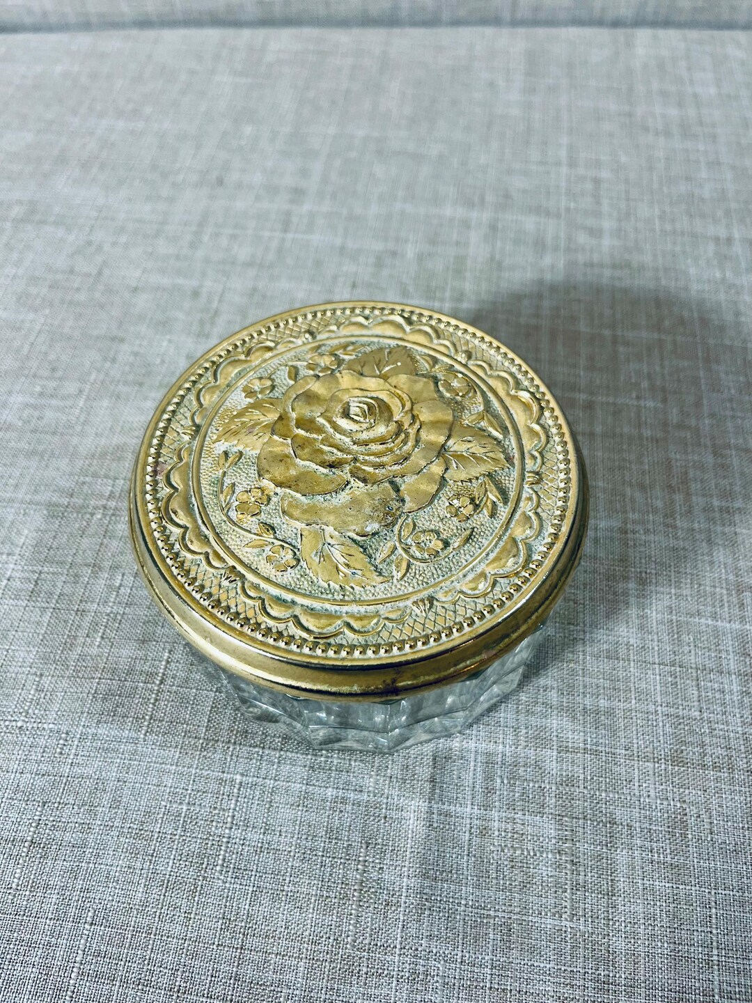 Vintage Powder Puff Glass Container With Gold Embossed Lid - Etsy