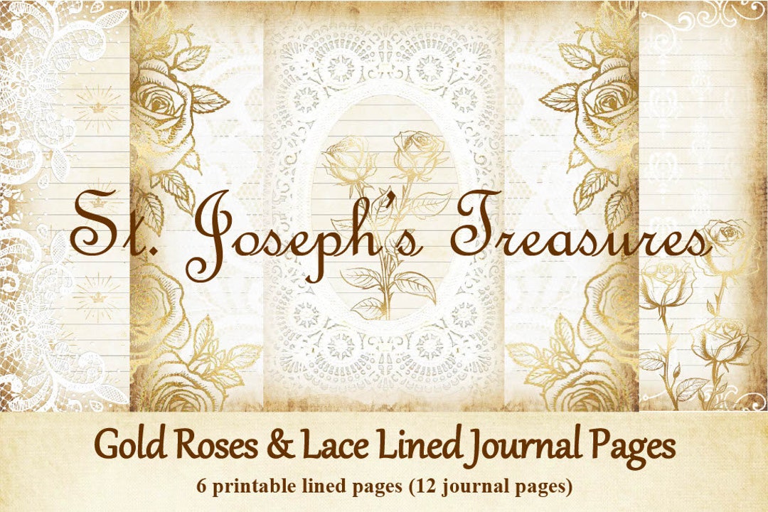 Gold Roses & Lace Lined Journal Pages, Junk Journal Pages, Blank ...